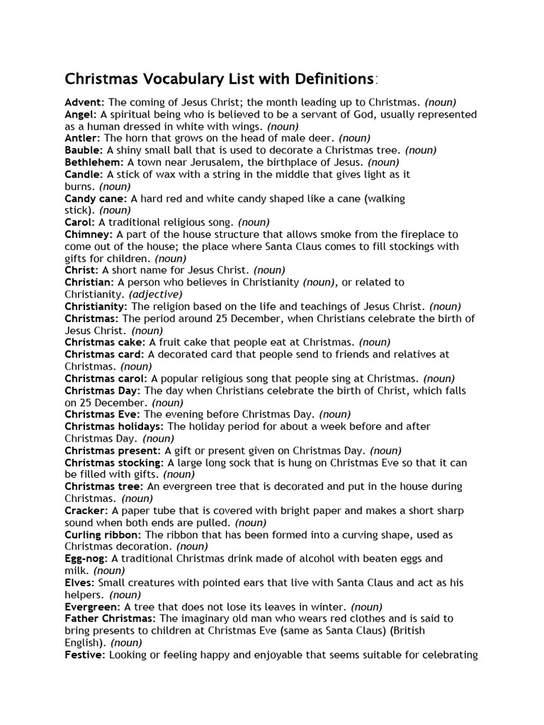 Christmas Vocabulary List With Definitions | PDF | Christmas | Santa Claus