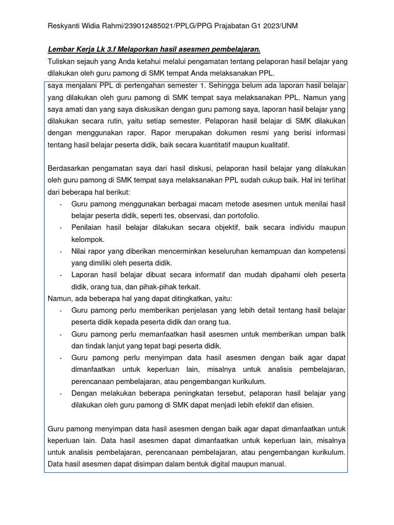 239012485021_Lembar Kerja Lk 3.f Melaporkan Hasil Asesmen Pembelajaran | PDF