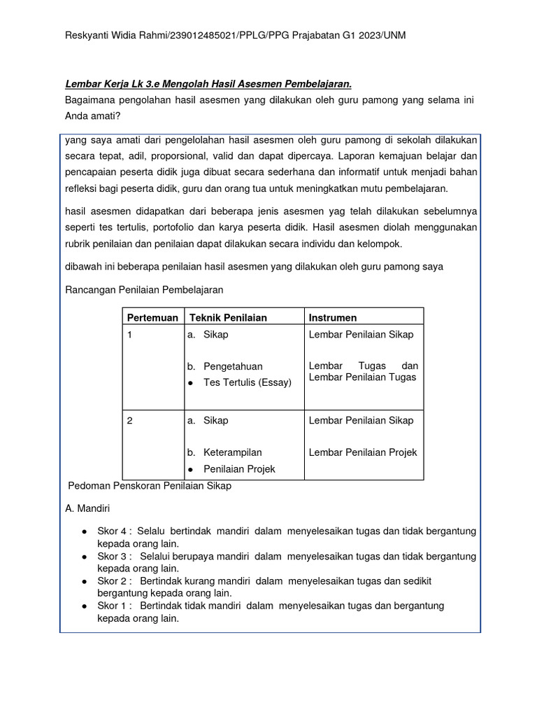 Lembar Kerja LK 3.e Mengolah Hasil Asesmen Pembelajaran | PDF