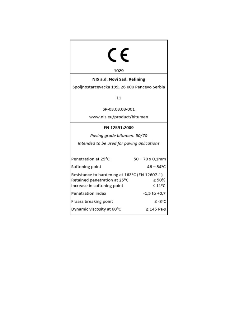 CE Label - Euro Road Bitumen 50-70 | PDF