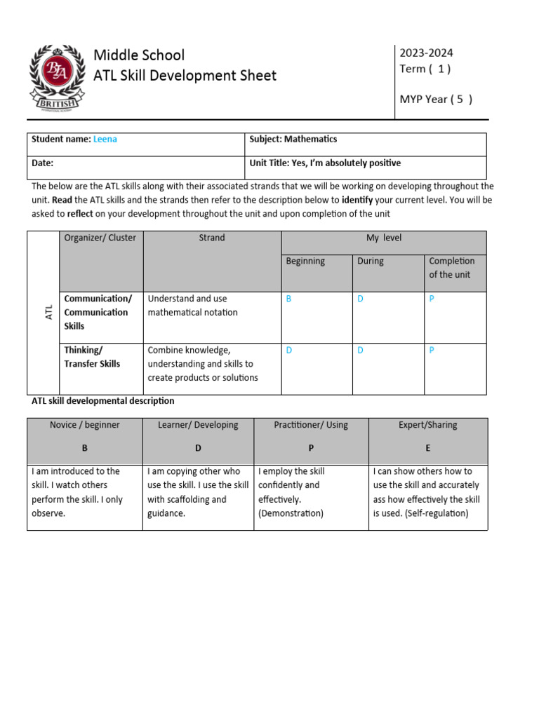 MATH Y 5 ATL Skills Develpoment Sheet UNIT 1 | PDF | Pedagogy ...