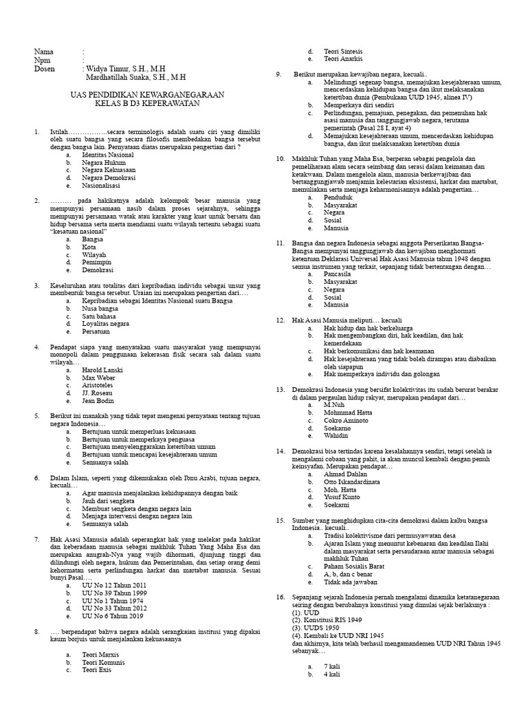 Soal UAS Kewarganegaraan D3 Keperawatan Kelas B | PDF