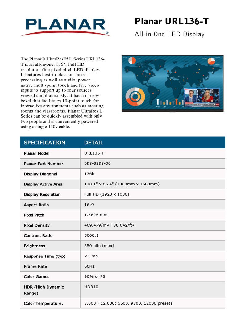 Planar URL136-T | PDF | Hdmi | Display Resolution
