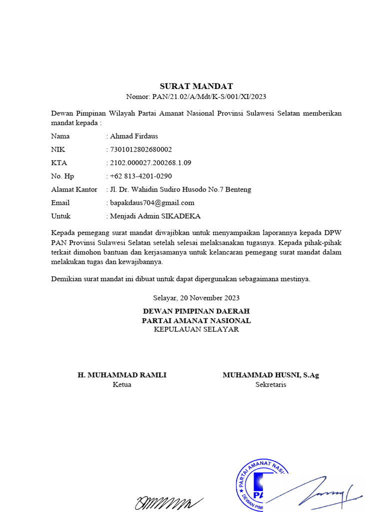Contoh Mandat SIKADEKA PAN | PDF