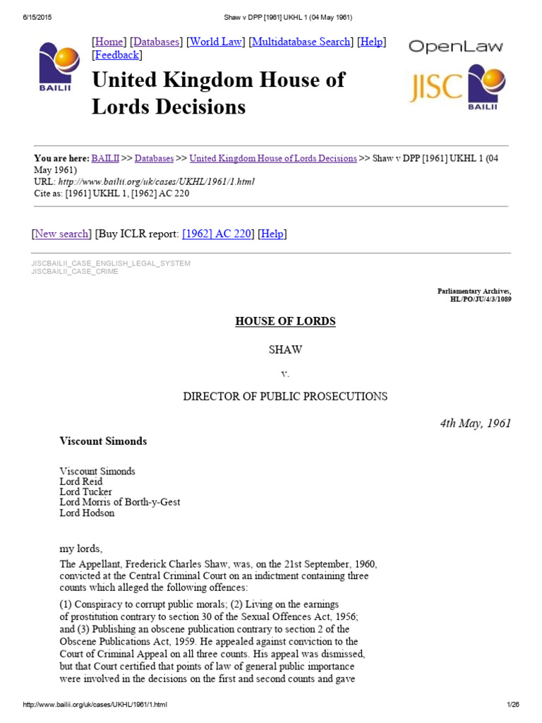 Shaw v DPP: Public Morals Case Summary | PDF | Crimes | Crime & Violence