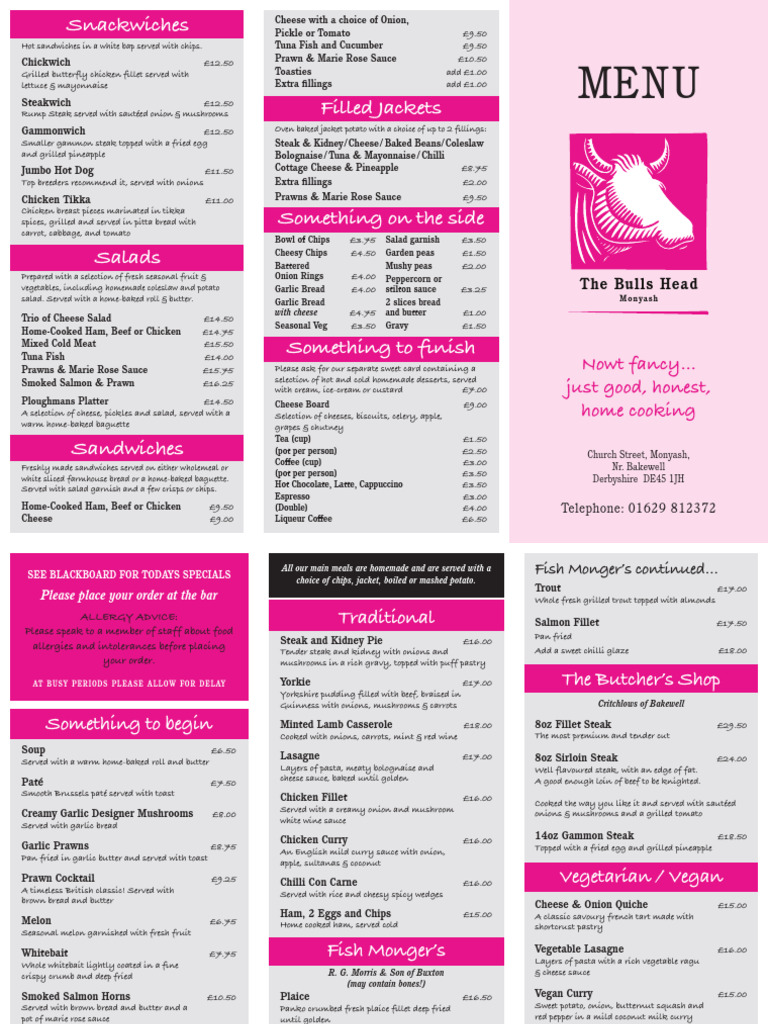 The Bulls Head Monyash Menu | PDF | Steak | Salad