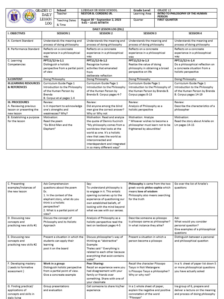 Dll Philo Week 1 | PDF | Experience | Curriculum