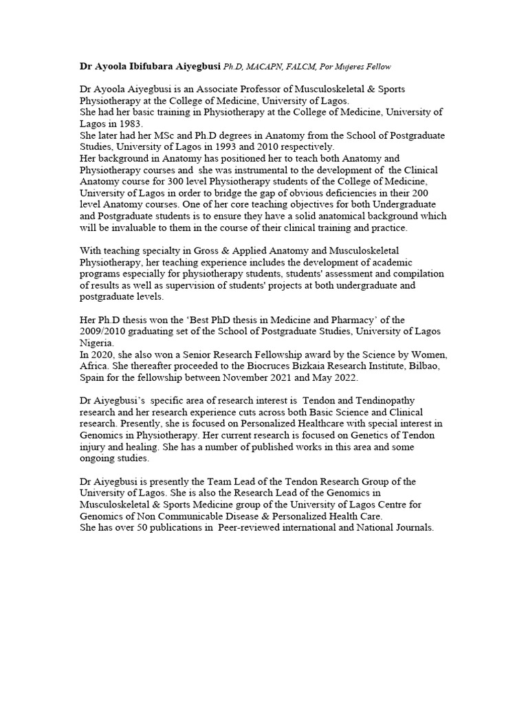 Dr. Aiyegbusi: Expert in Physiotherapy & Tendon Research | PDF | Physical Therapy | Medical School