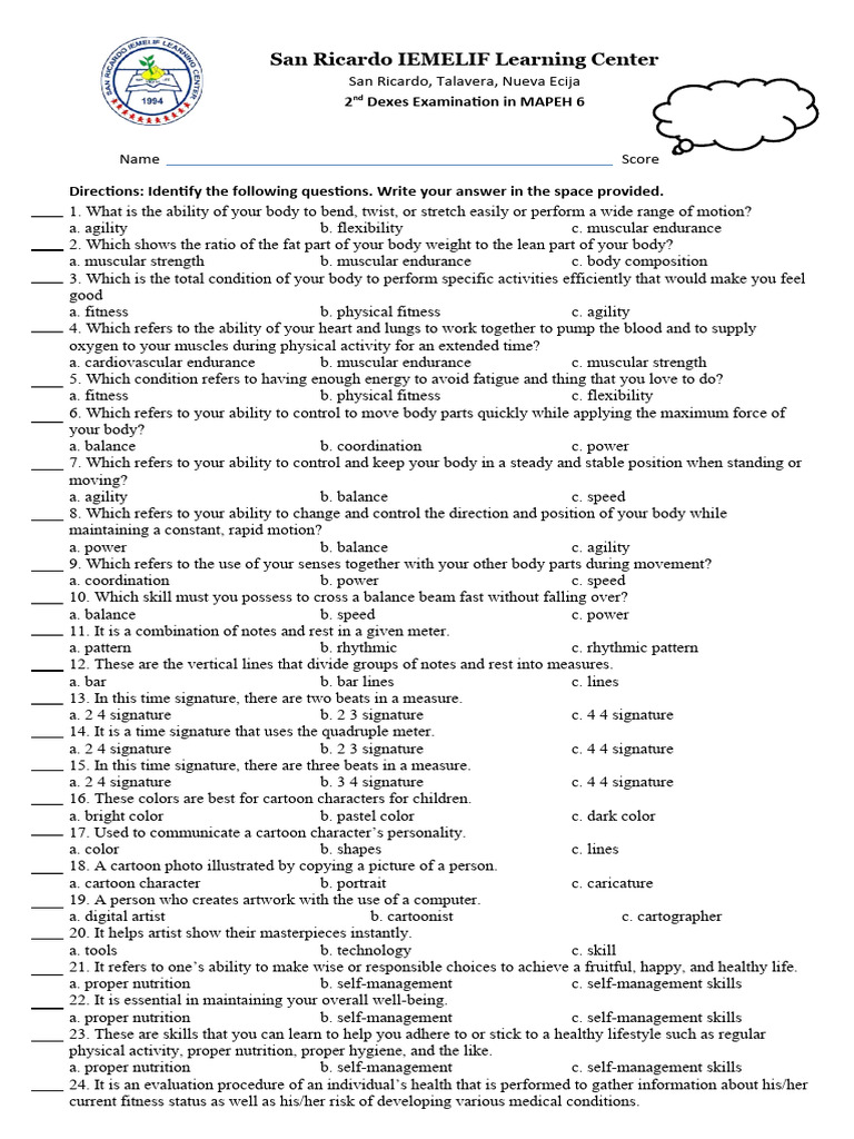 1st Quarter Exam. MAPEH 6 2022-2023 | PDF | Flexibility (Anatomy ...