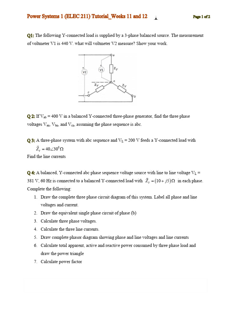 Tutorial - Weeks 11 and 12 Power Systems | PDF | Quantity | Electrical Engineering