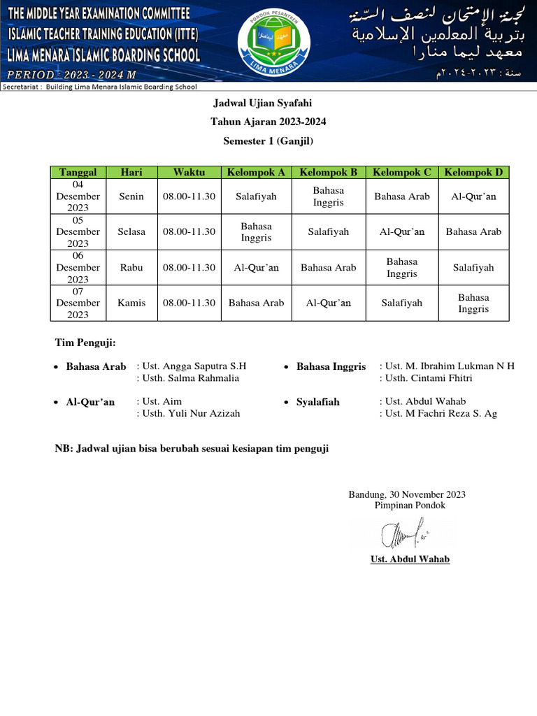 Jadwal Ujian & Pengawas Uas Tahun 2023-2024 | PDF
