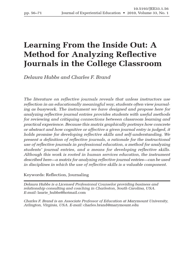 Learning From The Inside Out - A Method For Analyzing Reflective Journals in The College ...