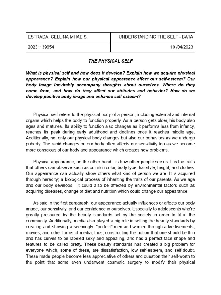 Essay On Physical Self | PDF | Self Esteem | Body Image