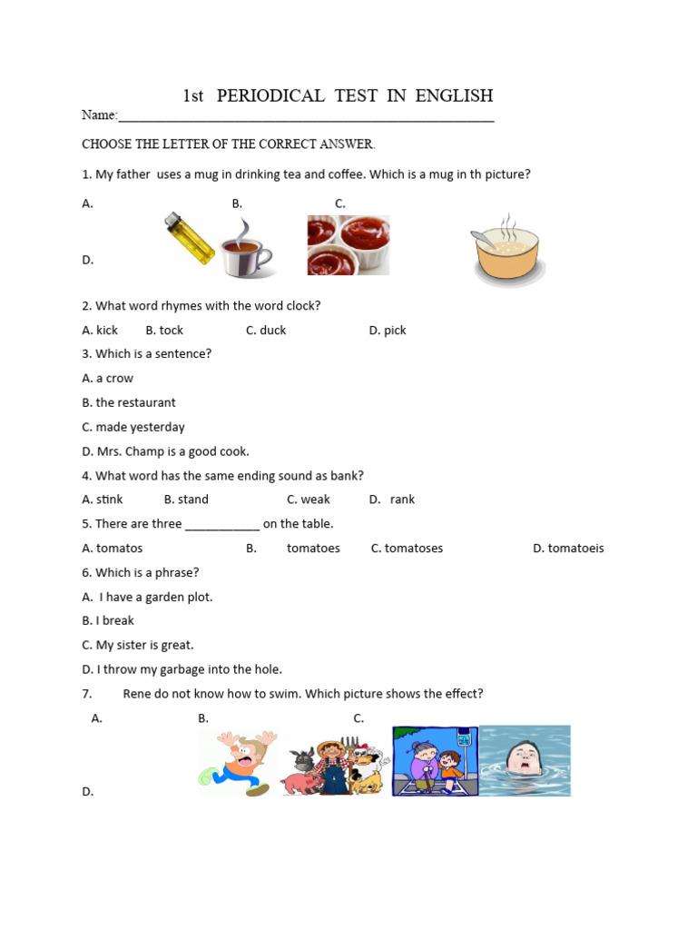 Grade 1 English 1st Periodical Test | PDF | Sentence (Linguistics ...