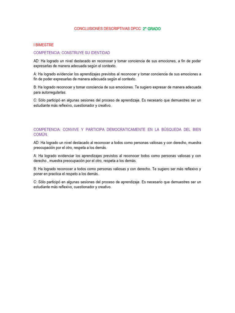 CONCLUSIONES DESCRIPTIVAS DPCC 2° | PDF | Aprendizaje | Las emociones