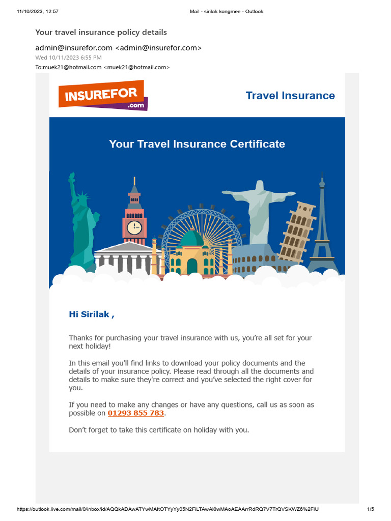 travel insurance certificate | PDF | Insurance | Microsoft Outlook