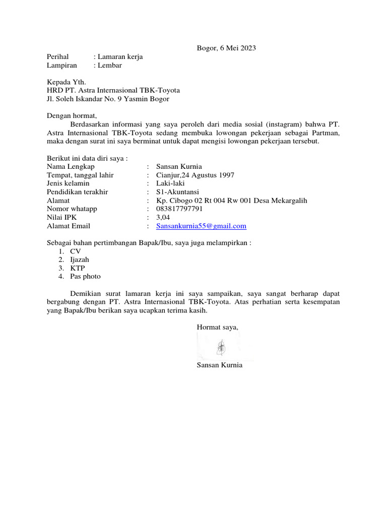 Surat Lamaran Sansan | PDF