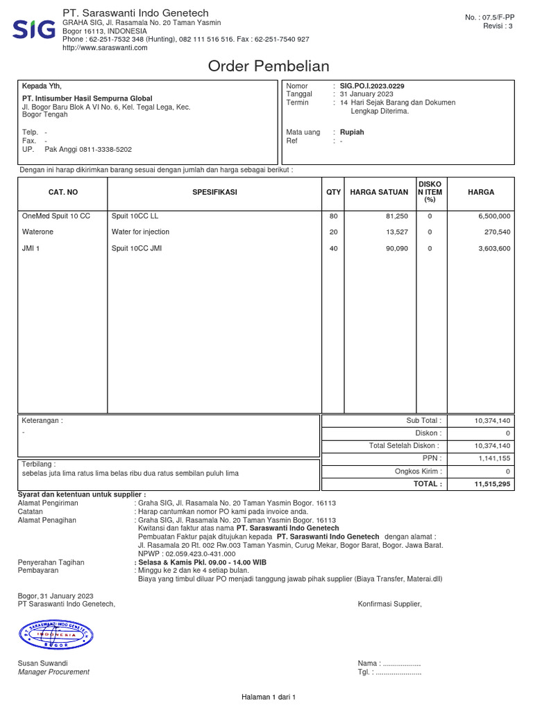 SIG - po.I.2023.0229-PT. Intisumber Hasil Sempurna Global | PDF