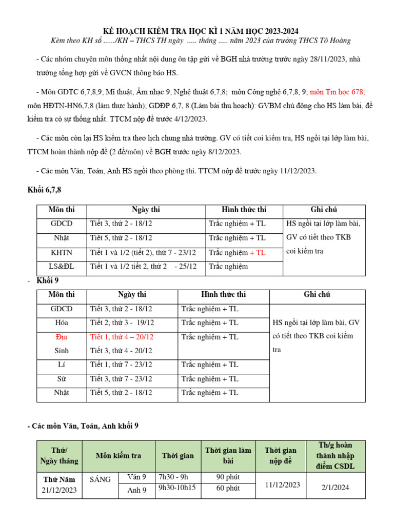 LỊCH KIỂM TRA HK1 (năm học 23- 24 bản chuẩn) | PDF