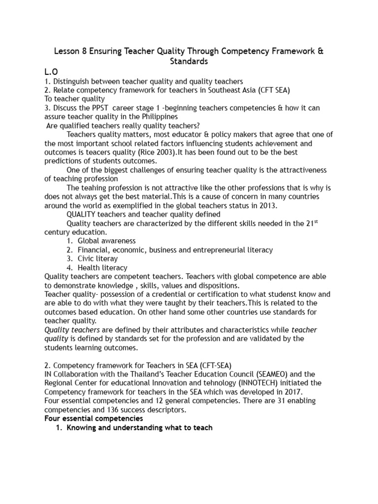 Lesson 8 Ensuring Teacher Quality Through Competency Framework ... Lesson 8 Ensuring Teacher Quality Through Competency Framework ...