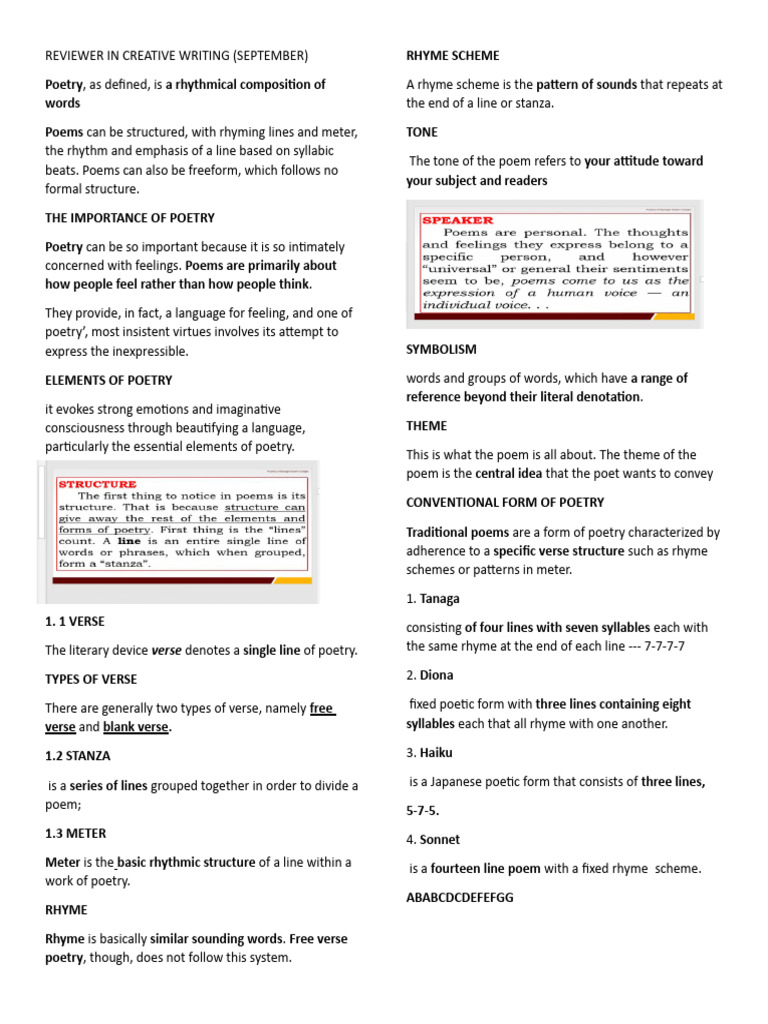 Creative Writing Reviewer | PDF | Poetry | Metre (Poetry)