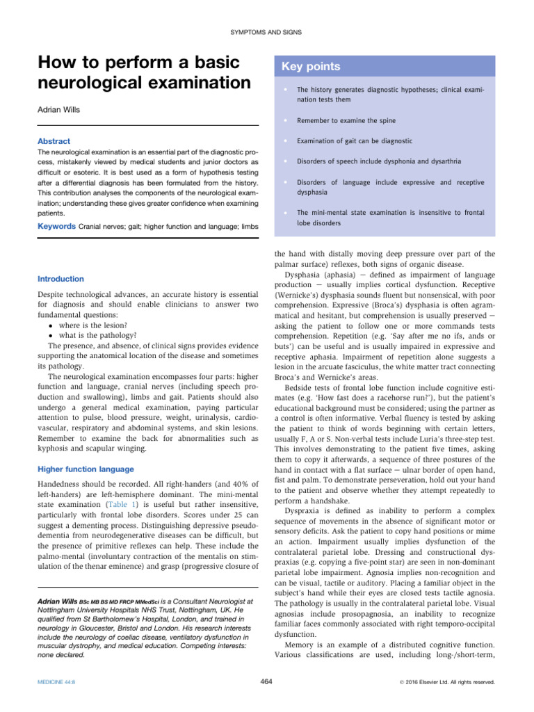 How To Perform A Basic Neurological Examination - 2016 - Medicine | PDF ...