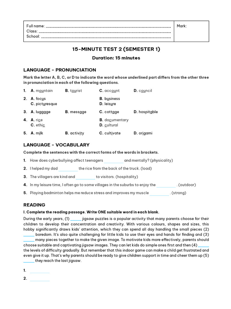 15-Minute Test 2 (Semester 1) | PDF