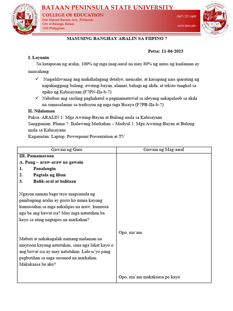 Lesson Plan Awiting Bayan | PDF