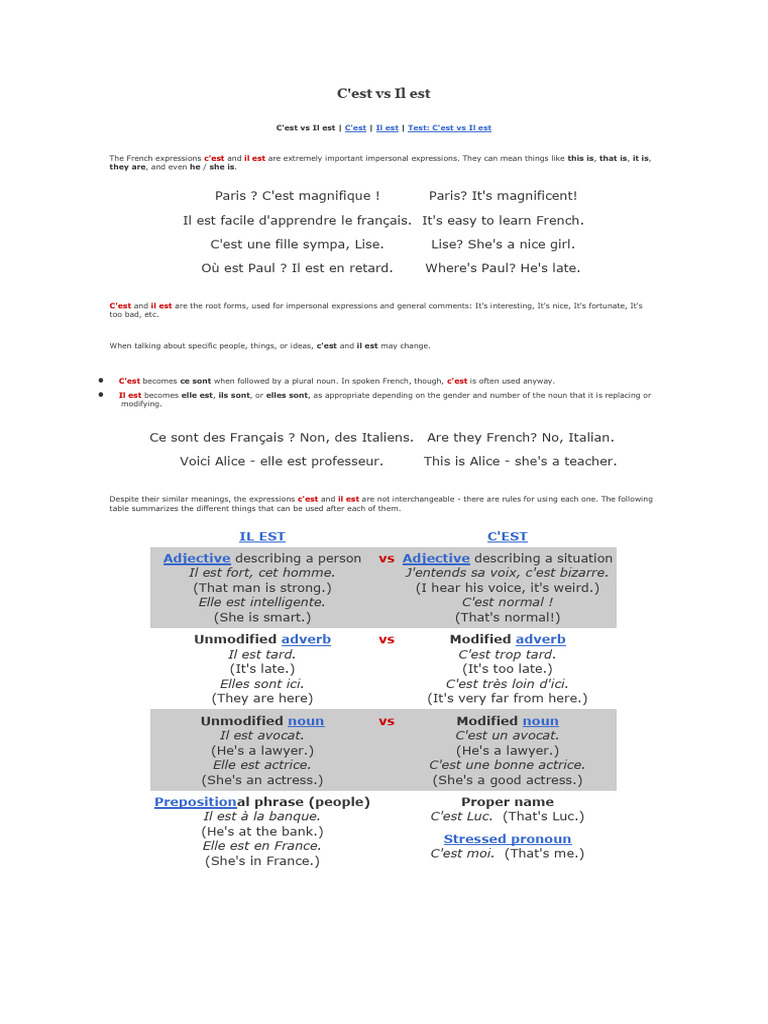 06 C Est VS Il Est | PDF | Noun | Adjective