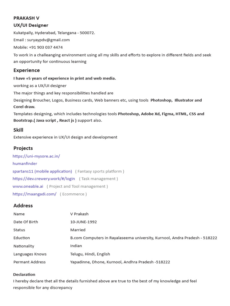 Prakash Resume Singlepage New | PDF