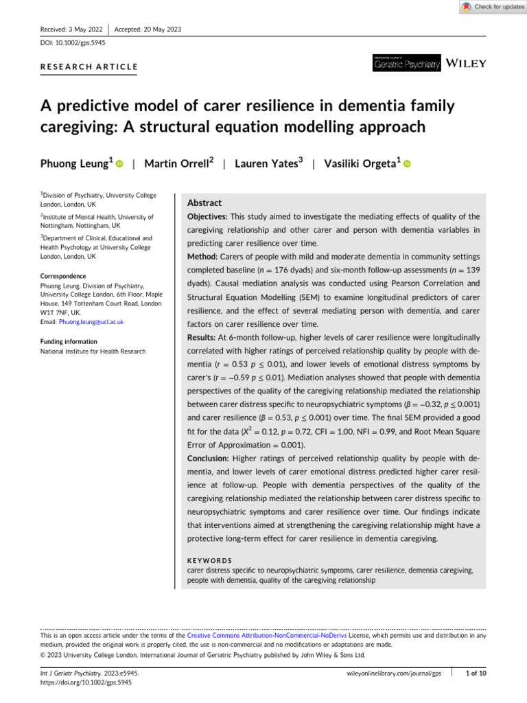 Int J Geriat Psychiatry - 2023 - Leung - A Predictive Model of Carer ...