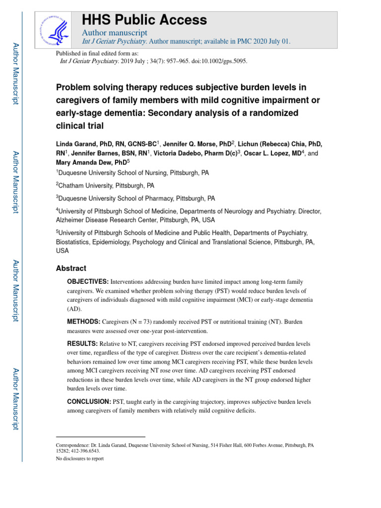 Problem Solving Therapy Reduces Subjective Burden Levels in | PDF