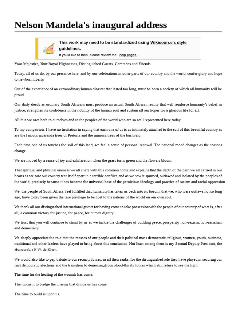 Nelson Mandela's Inaugural Address | PDF | Public Domain | Creative ...