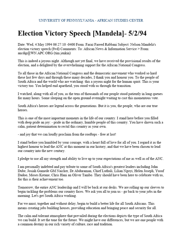 Mandela's Victory Speech: A New Dawn | PDF | African National Congress ...
