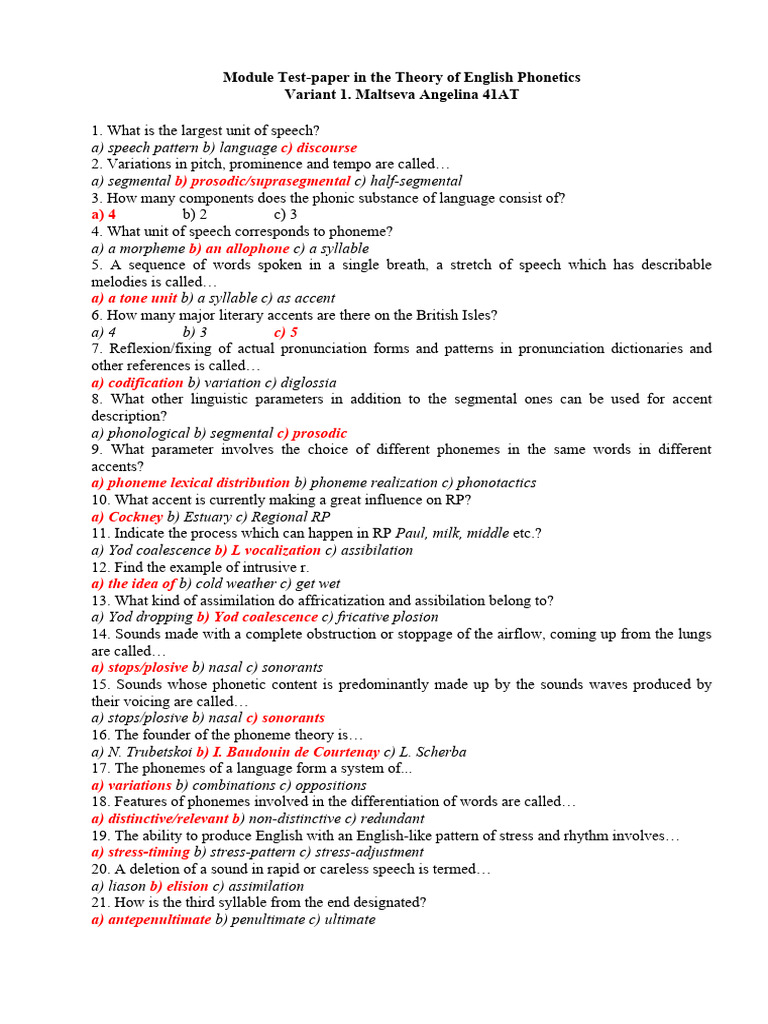 English Phonetics Test Paper | PDF | Stress (Linguistics) | Phoneme