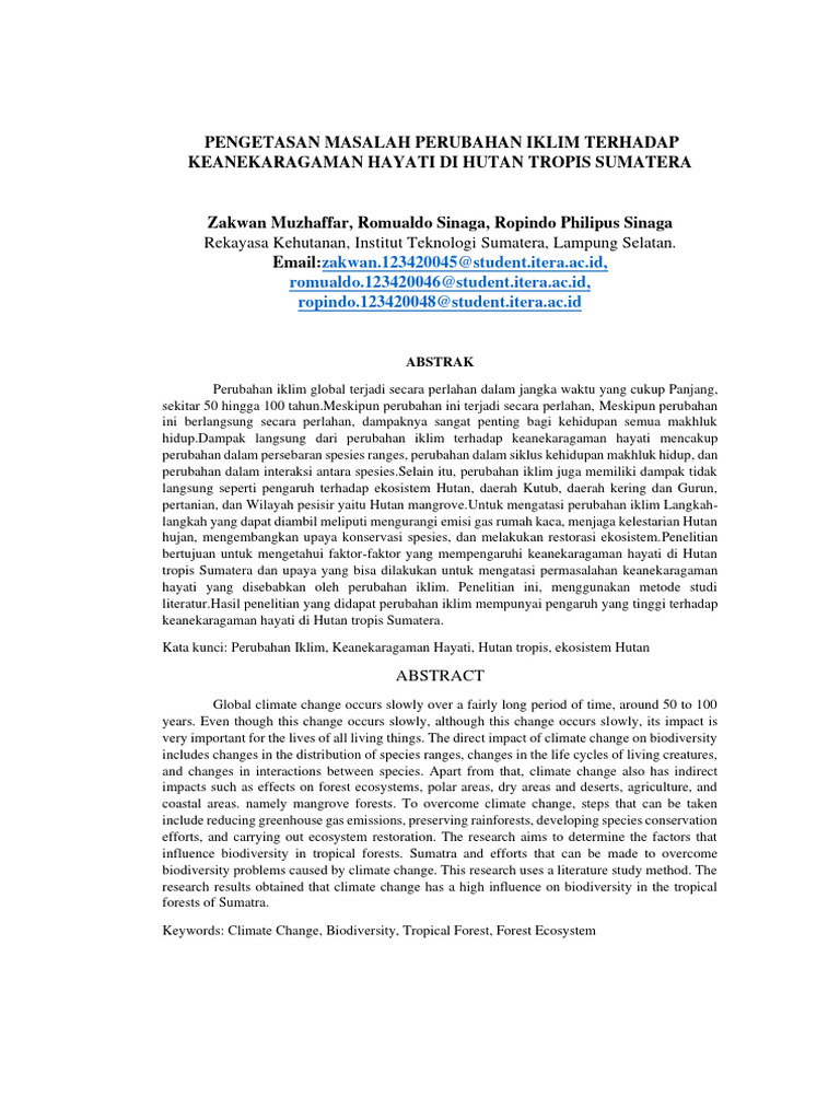 Pengetasan Masalah Perubahan Iklim Terhadap Keanekaragaman Hayati Di Hutan Tropis Sumatera | PDF
