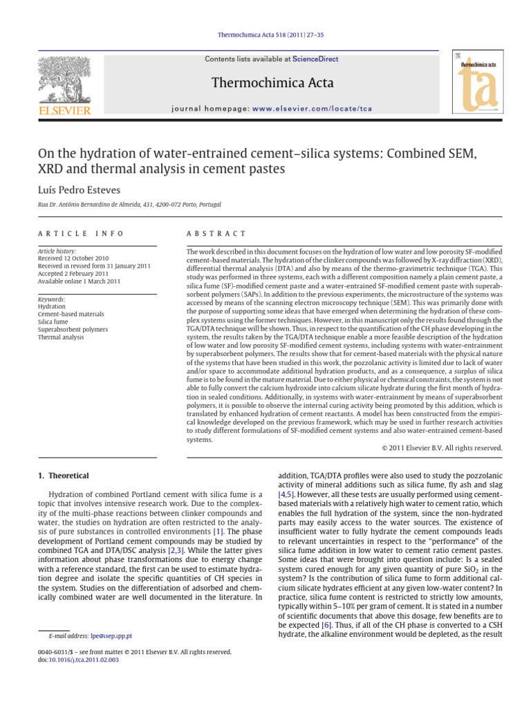 On The Hydration of Water Entrained Cement Silica Systems-Combined SEM ...