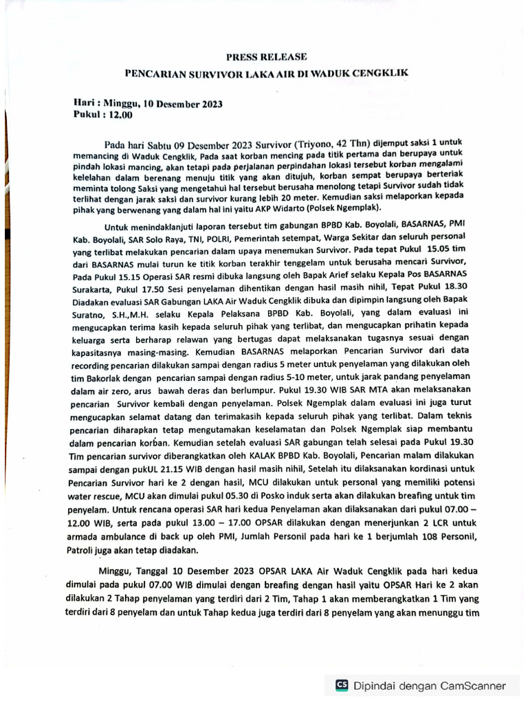 Press Rilis OPS SAR Waduk Cengklik | PDF