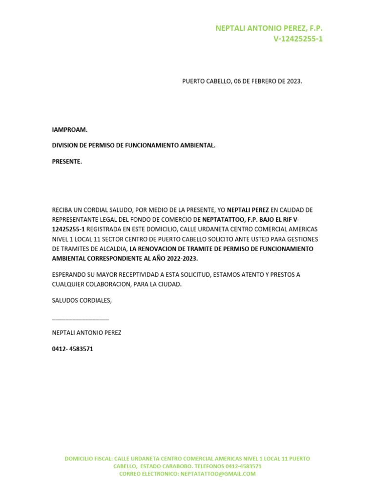 Carta Permiso Funcionamiento Ambiental | PDF