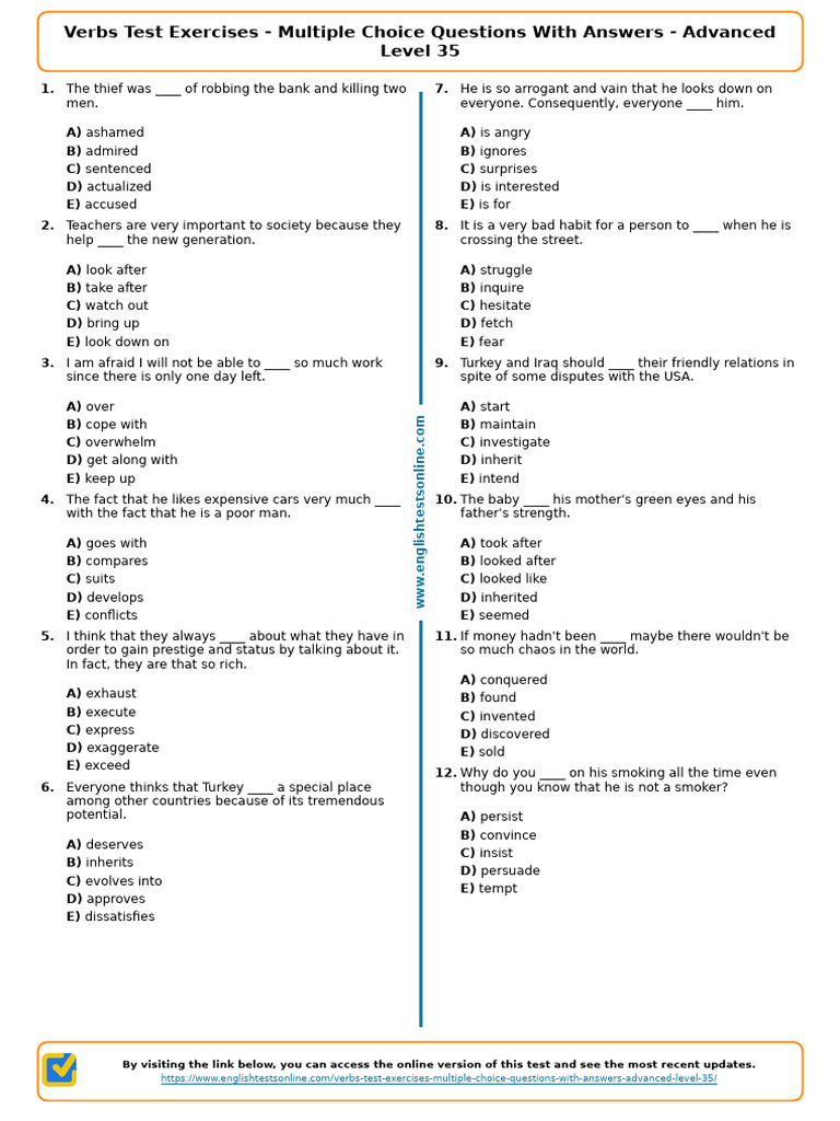 534 - Verbs Test Exercises Multiple Choice Questions With Answers ...