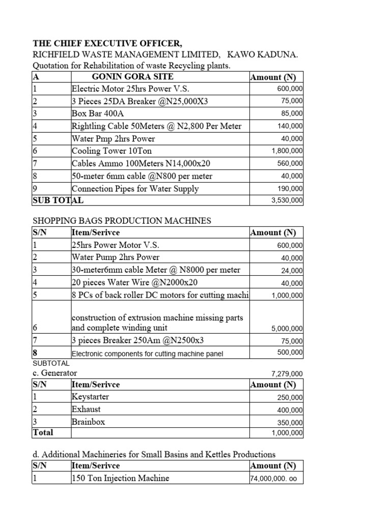 Quotation for Waste Management Equipment | PDF | Electrical Engineering ...