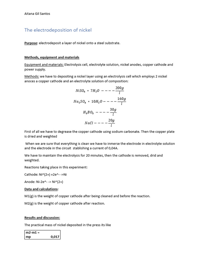 Electrodeposition of Nickel | PDF | Anode | Cathode