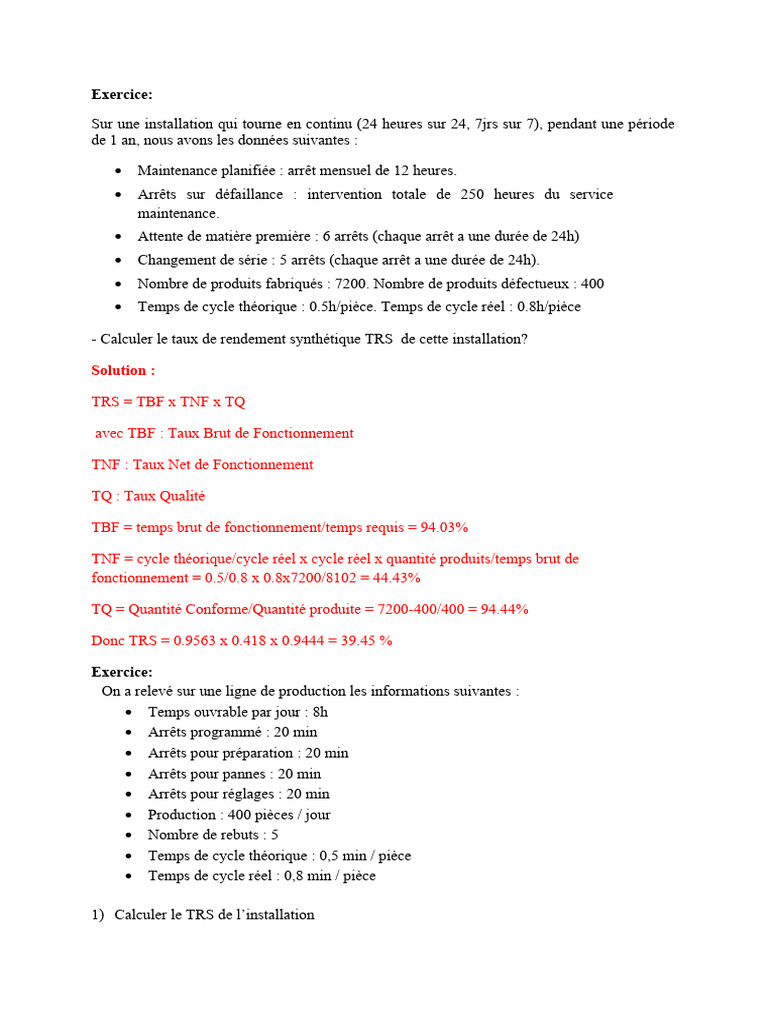 Calcul du TRS en production industrielle | PDF