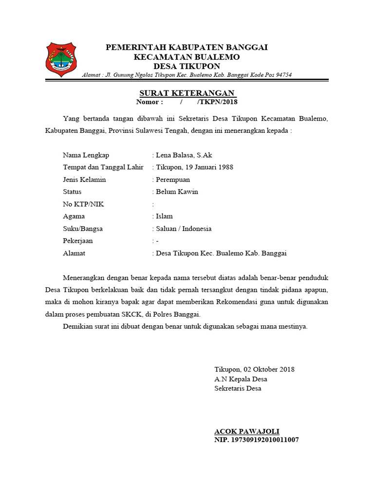 Surat Keterangan Kepala Desa | PDF