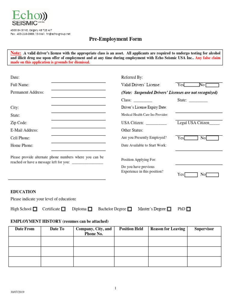 US-Pre-Employment-Form | PDF | Employment | Driver's License