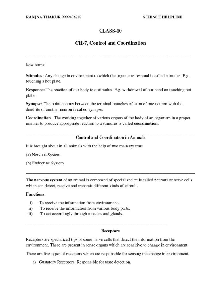 Ch-7, Control and Coordination in Animals. Notes | PDF | Neuron ...