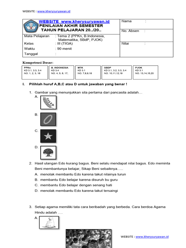 SOAL & Jawaban PAS KELAS 3 TEMA 1 Ver.2 - WEBSITE WWW - Kherysuryawan.id | PDF | Olahraga & Rekreasi