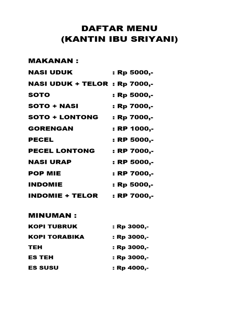 Daftar Menu Kantin | PDF