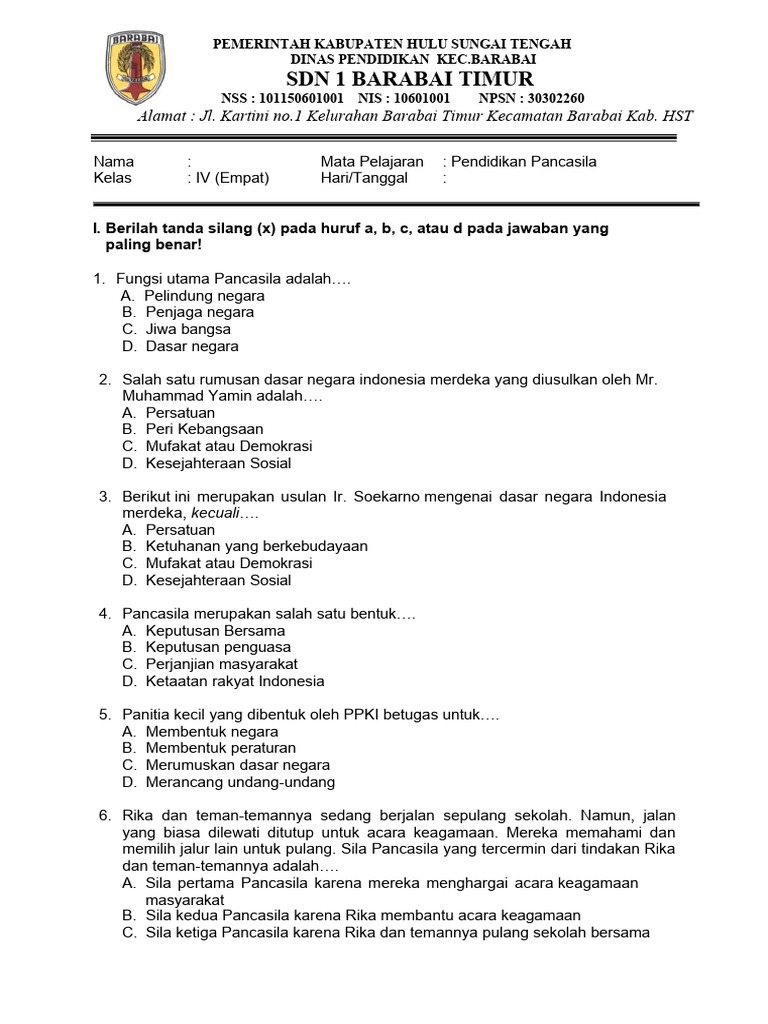ULANGAN SEMESTER 1 PENDIDIKAN PANCASILA KELAS 4 | PDF