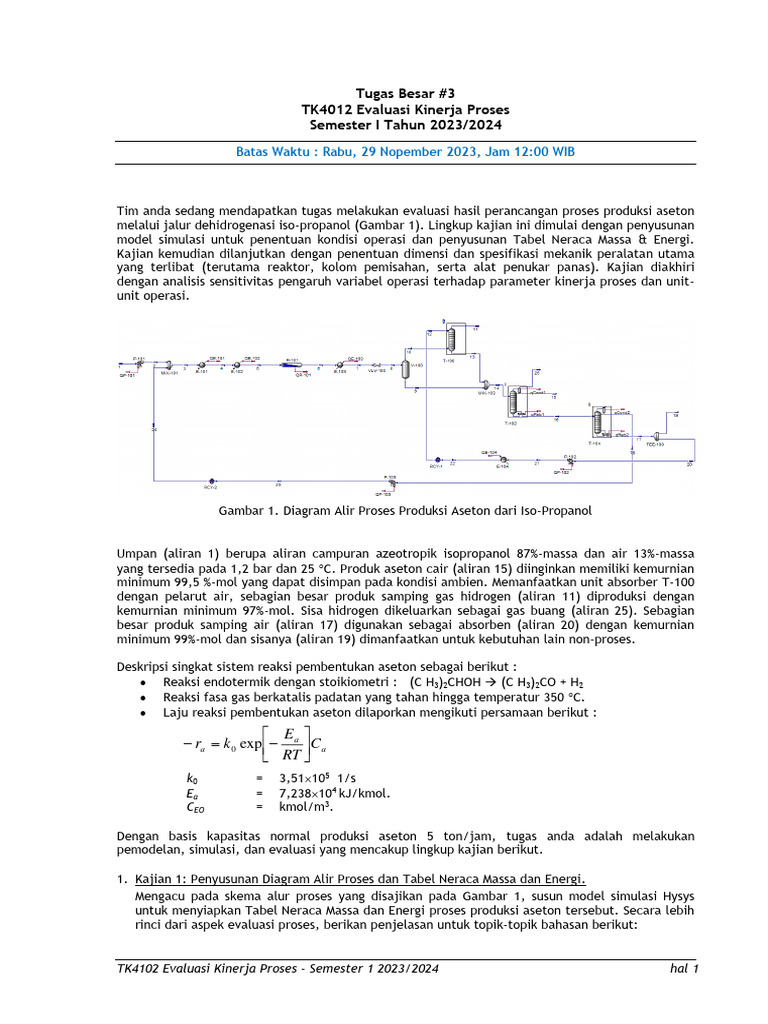 Tugas Besar #3 TK4102 - Smt1 2023 - Evaluasi Hasil Perancangan Siklus Proses Produksi Aseton | PDF